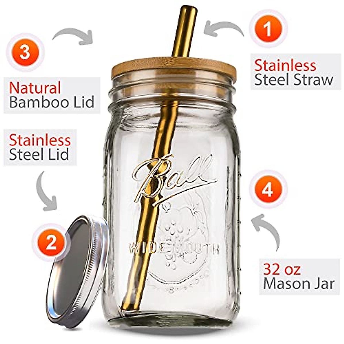 Reusable Boba Bubble Tea & Smoothie Cups - 2 Glass Wide Mouth 32oz Mason Jars with Bamboo Lids - 2 Reusable Gold Stainless Steel Boba Straws