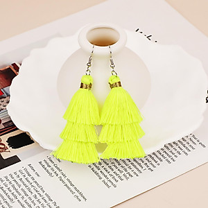 AD Beads Fashion Copper Dangle Tassel 3 Layers Fan Fringe Earrings, Lime Yellow, 3.15 in