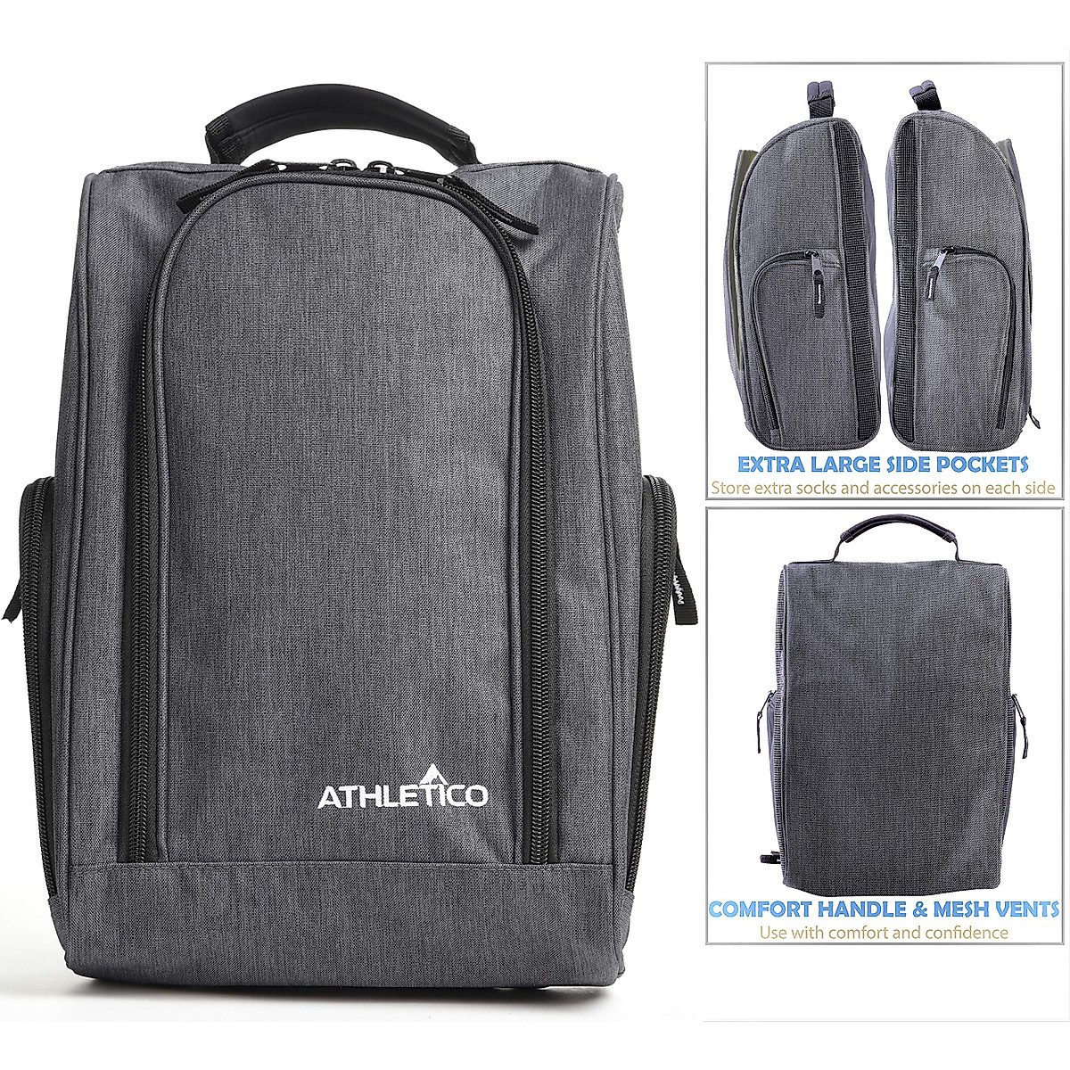 Athletico Golf Shoe Bag - Zippered Shoe Carrier Bags With Ventilation & Outside Pocket for Socks, Tees, etc. (Gray)