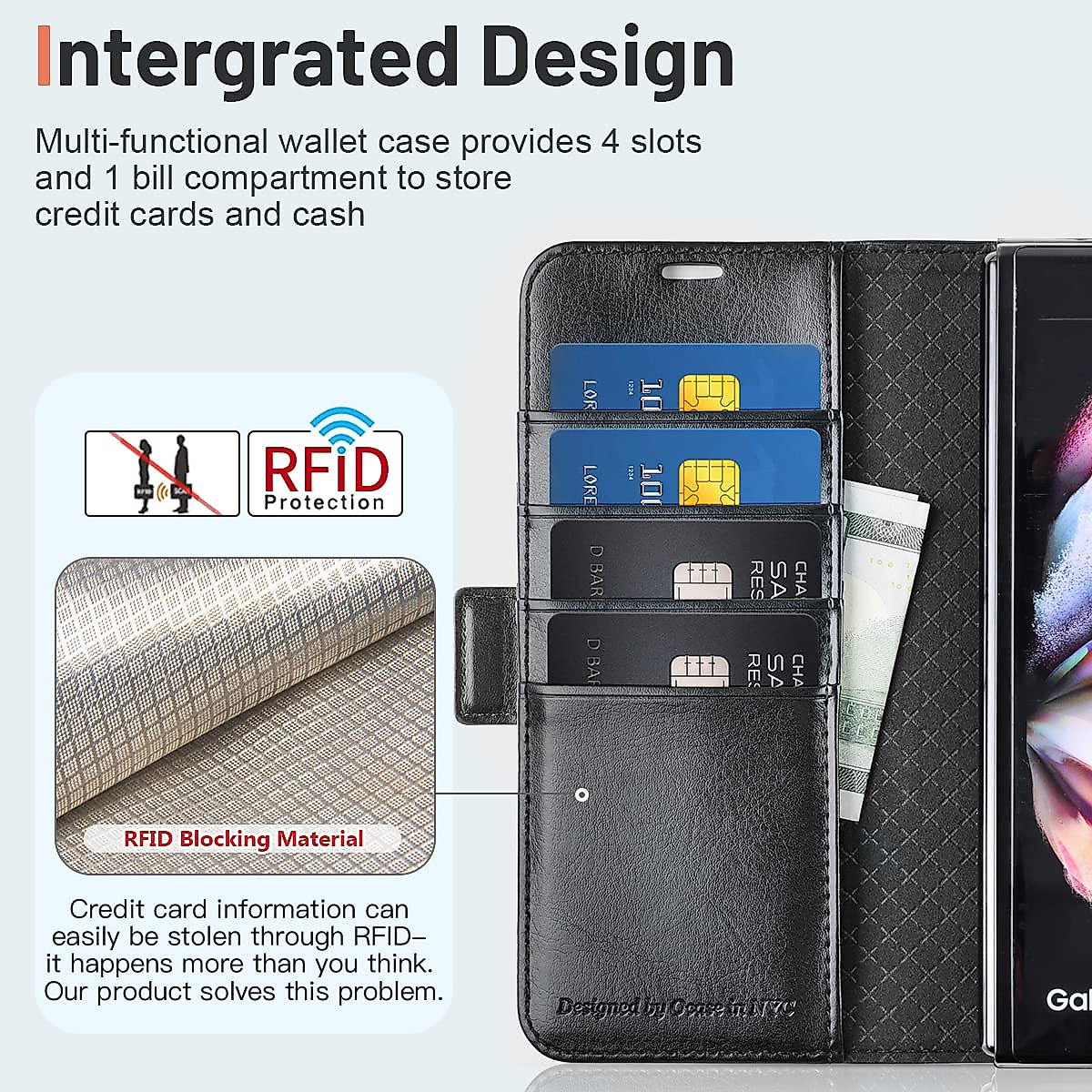 OCASE Case for Samsung Galaxy Z Fold 5 5G Wallet Case with S Pen Holder, PU Leather Flip Folio Case with Card Slots RFID Blocking Kickstand Phone Cover 7.6 Inch for Galaxy Z Fold5 5G (2023)-Black