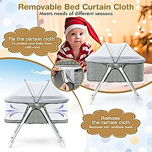 BABY JOY Bassinet, 2 in 1 Rocking Bassinet for Baby w/Detachable Curtain Cloth, Mattress, Breathable Mesh, Adjustable Height, Quick Folding Crib w/Travel Bag for Newborn Infants, Portable Bassinet