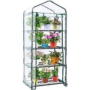 Mini Greenhouse for Outdoors Indoor: Ohuhu Small Green House with 4 Tier Shelves, Portable Plastic Greenhouses with Heavy Duty Transparent PVC Cover for Winter Garden Patio Backyard Porch Balcony