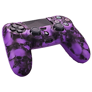 YoRHa Water Transfer Printing Skull Silicone Cover Skin Case for Sony PS4/slim/Pro Dualshock 4 Controller x 1(Purple) with Pro Thumb Grips x 8