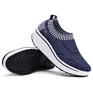 DADAWEN Women's Slip On Breathable Walking Shoes Comfort Fitness Wedge Platform Sneakers Navy US Size 7.5