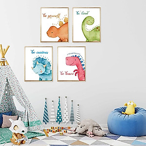 Inspirational Be Kind Be Yourself Be Curious Be Brave Wall Art Decor, Dinosaur Wall Decor for Nursery Bedroom Home, Dinosaur Poster Be Kind Be Brave Decorations for Nursery Room Living Room Home Set of 4 (8”X10”) Unframed