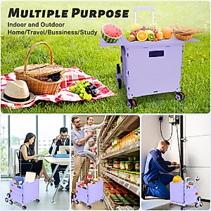 Foldable Utility Cart Collapsible Portable Crate Rolling Carts with Stair Climbing Wheels Tote Basket with Magnetic Lid Telescopic Cover Wear-Resistant 360°Rotate Wheel Noiseless for Shopping Office