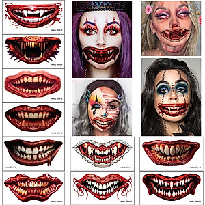 Halloween Clown Horror Mouth Tattoo Stickers 10 Sheets Gothic Halloween Horror Mouth Face Sticker Temporary Tattoo Fake Tattoos for Adults Halloween Prank Makeup Temporary Tattoo Paper Party Favors