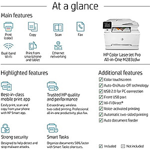 HP Color Laserjet Pro M283cdw Wireless All-in-One Laser Printer-Remote Mobile Print-Print Scan Copy Fax-Auto 2-Sided Printing, 22ppm, 600x600DPI, 260-Sheet, with WULIC Printer Cable