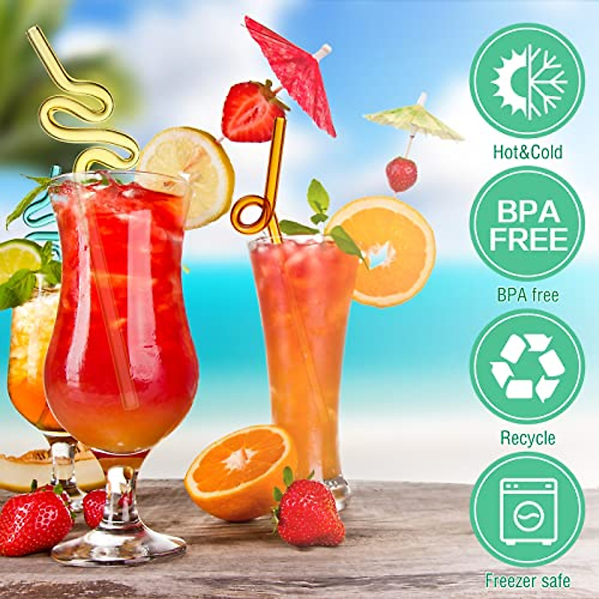 Yinkin 6 Pcs Wavy Glass Straws Reusable Curved Straw Shatter Resistant with 2 Cleaning Brushes Clear Silly High Borosilicate for Kids Adults Smoothies Juice (Colorful, 8 Inch)