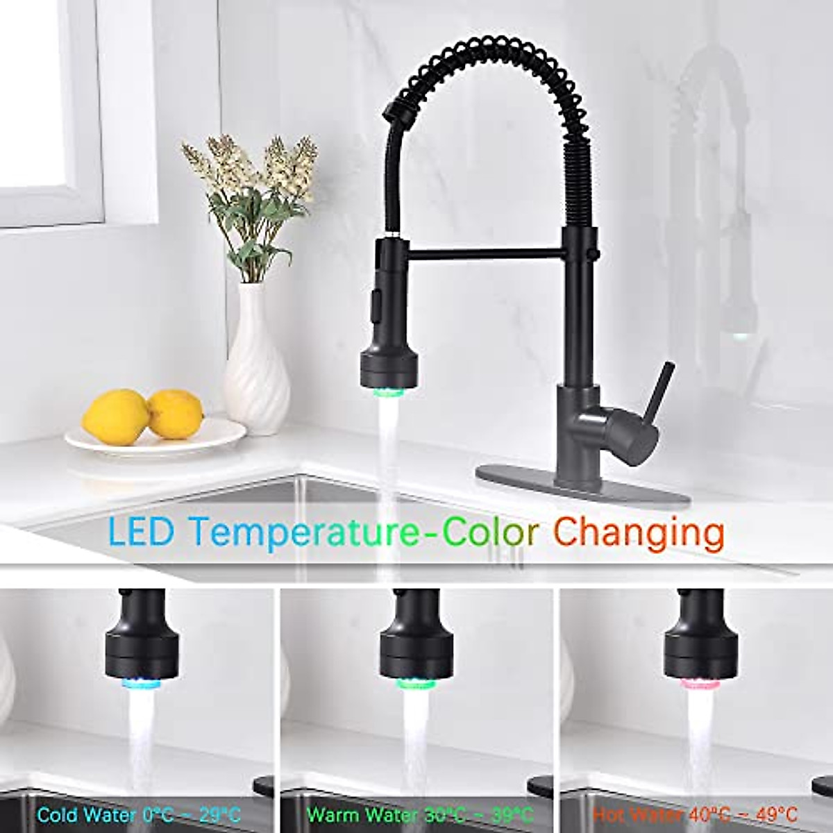 BZOOSIU Kitchen Faucet with Pull Down Sprayer, 17.65 inch Solid Brass Commercial Spring Single Handle LED Kitchen Sink Faucet for Farmhouse Camper Laundry Utility Rv Bar Sinks, Matte Black