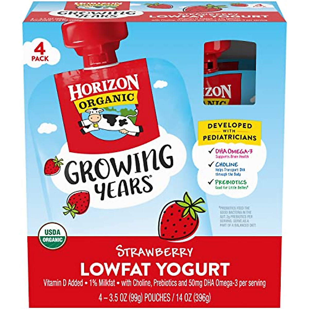 Horizon Organic Growing Years Low Fat Yogurt Pouch with 50mg DHA Omega-3 and Choline, Strawberry, 3.5 oz., 4 Pack