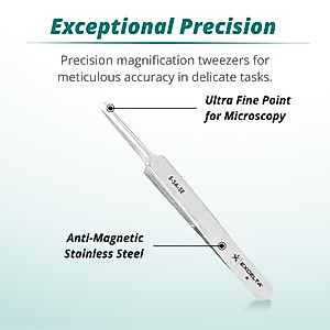 Excelta Ultra Fine Point Tweezers, Mini Straight Tapered For Microscopy, 4.25" Anti-Magnetic Stainless Steel, Basic