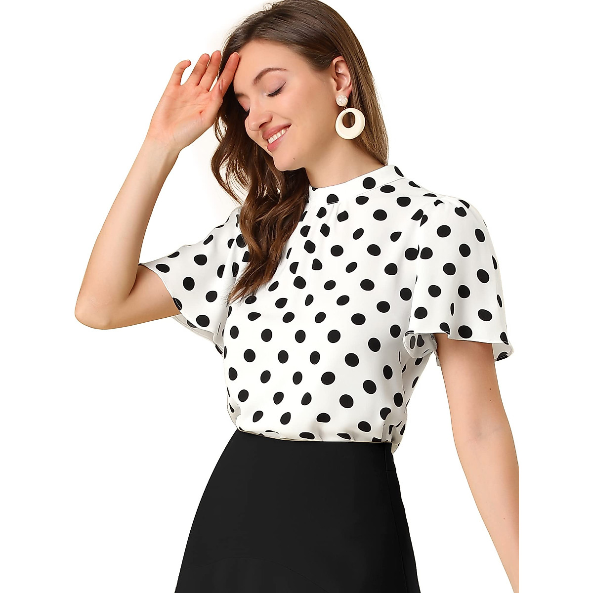 Allegra K Women's Polka Dots Blouse Stand Collar Pleat Keyhole Back Short Flare Sleeve Tops Medium White Black
