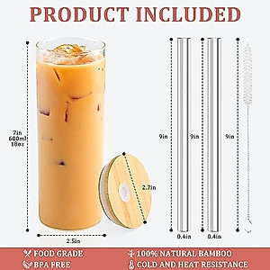 Glass Cups with Lids and Straws, 18oz Borosilicate Glass Tumbler with Straws and Bamboo Lids Reusable Clear Iced Coffee Cups for Coffee Milk Tea Juice DIY Drinks Coffee Bar Accessories- 2 Pack