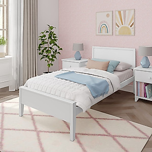 Max & Lily Twin Bed, Solid Wood Twin Bed Frame with Panel Headboard, Kids Twin Bed with Wood Slat Support, No Box Spring Needed, White