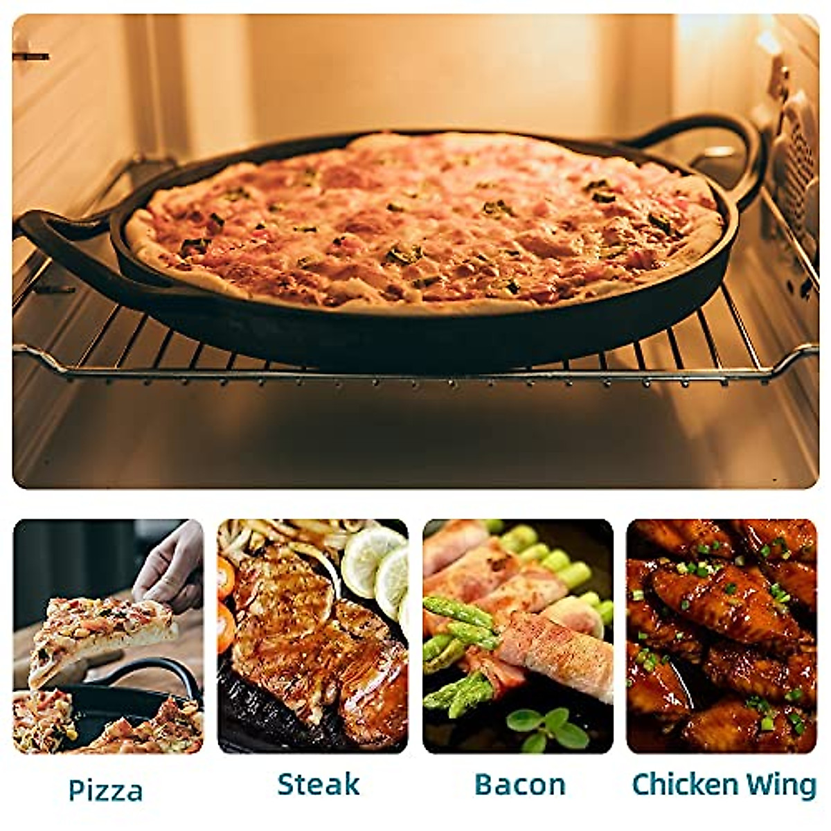 M-COOKER Pre-Seaoned Pizza Pan Cast Iron 12 Inch Dual Loop Handle Skillet with Two Silicone Handles