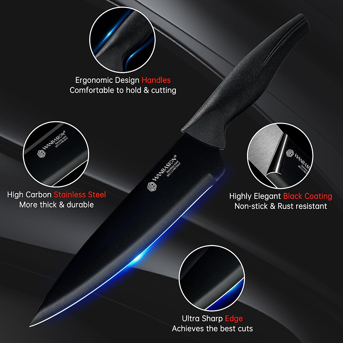 Wanbasion 15Pcs Kitchen Knife Block Set with Sharpener, Sharp Kitchen Knives Set with Block, Stainless Steel Knife Set with Block Dishwasher Safe Black