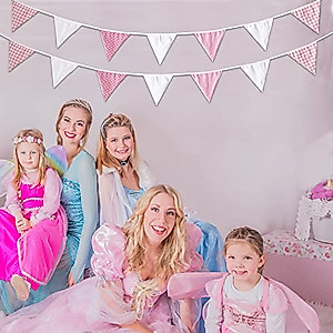 Zwiebeco 32Ft Pink White Plaid Dot Fabric Bunting Banner Triangle Flags Cotton Garland Pennant for Birthday Wedding Baby Shower Engagement Hen Party Classroom Nursery Home Outdoor Garden Decorations