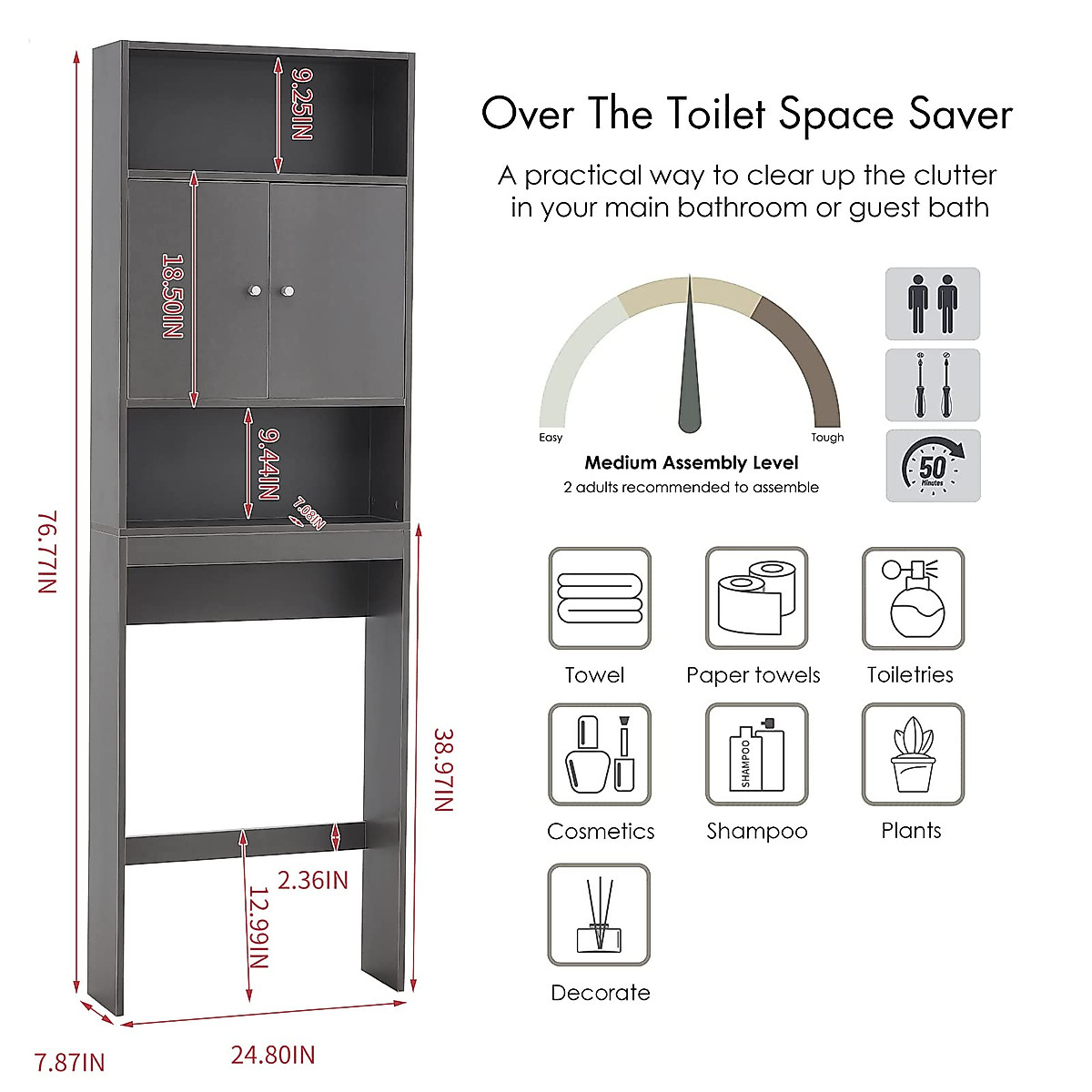 ME2 Bathroom Over The Toilet Storage, 77'' Taller Bathroom Organizer Shelf Space-Saving Collect Cabinet with Shelves and Double Doors, Grey