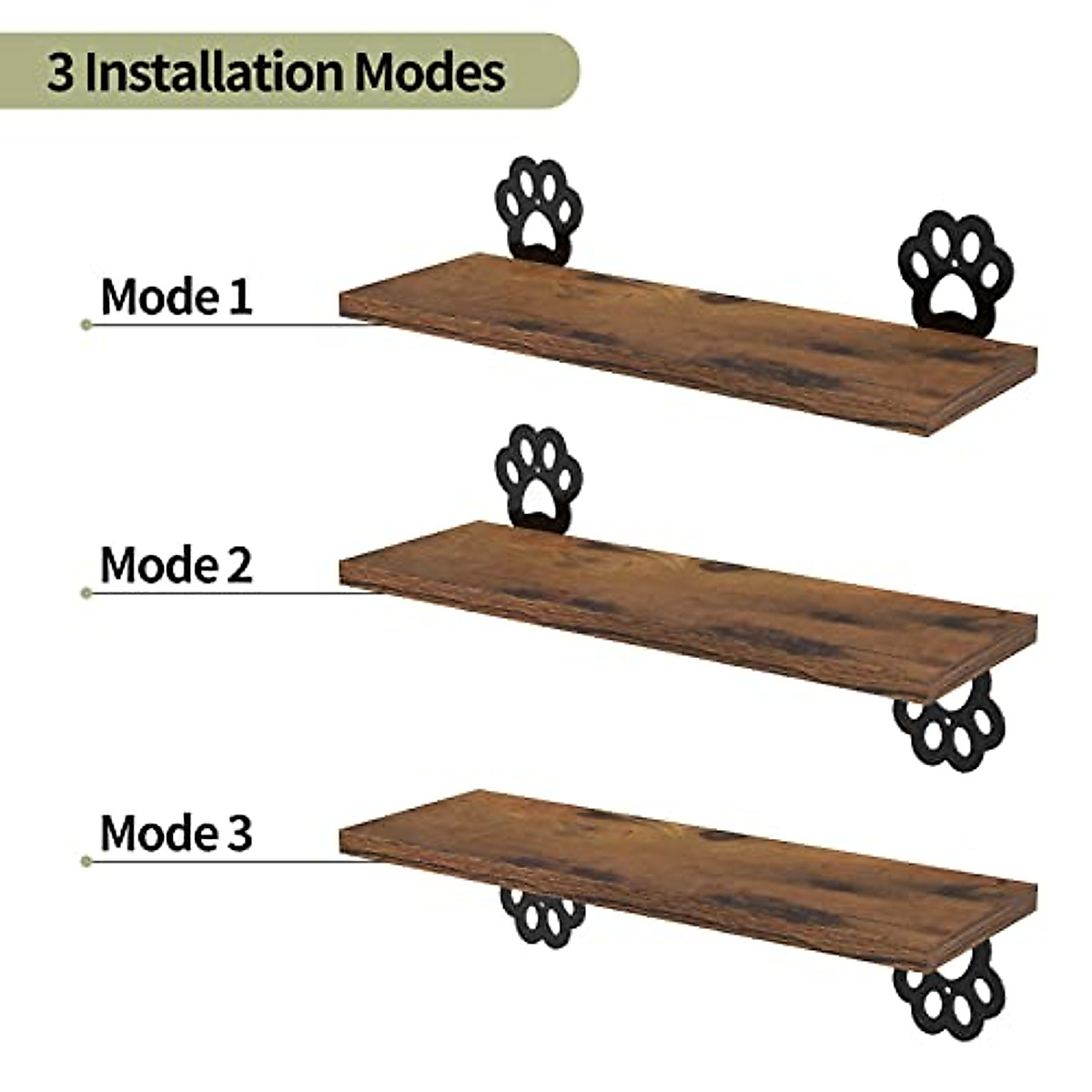 Lavezee Paw Prints Wall Decor Floating Shelves Set of 3, Cute Rustic Wooden Shelf Decorative Living Room, Bedroom, Bathroom, Log Cabin Shelving Wall Mounted