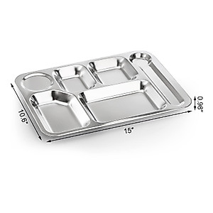 Fasmov 4 Pack Stainless Steel Rectangular Divided Dinner Tray, 6 Sections Stainless steel Metal Plate for Adults, Picky Eaters, Campers, and Portion Control