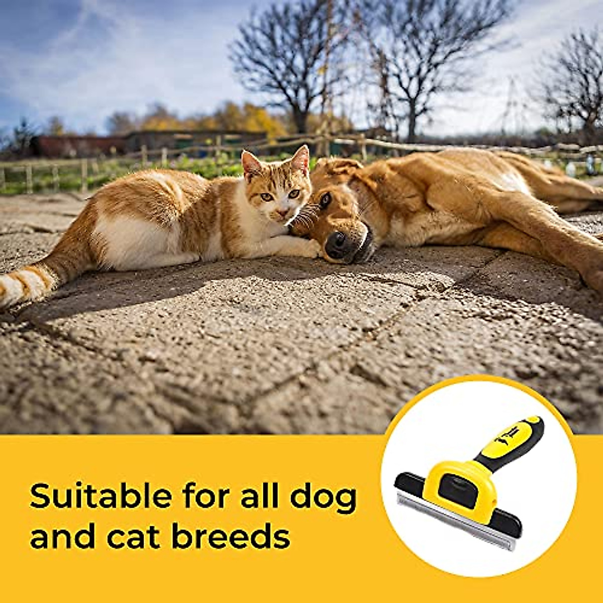 Thunderpaws Best Professional De-Shedding Tool and Pet Grooming Brush, D-Shedz for Breeds of Dogs, Cats with Short or Long Hair, Small, Medium and Large (Yellow)