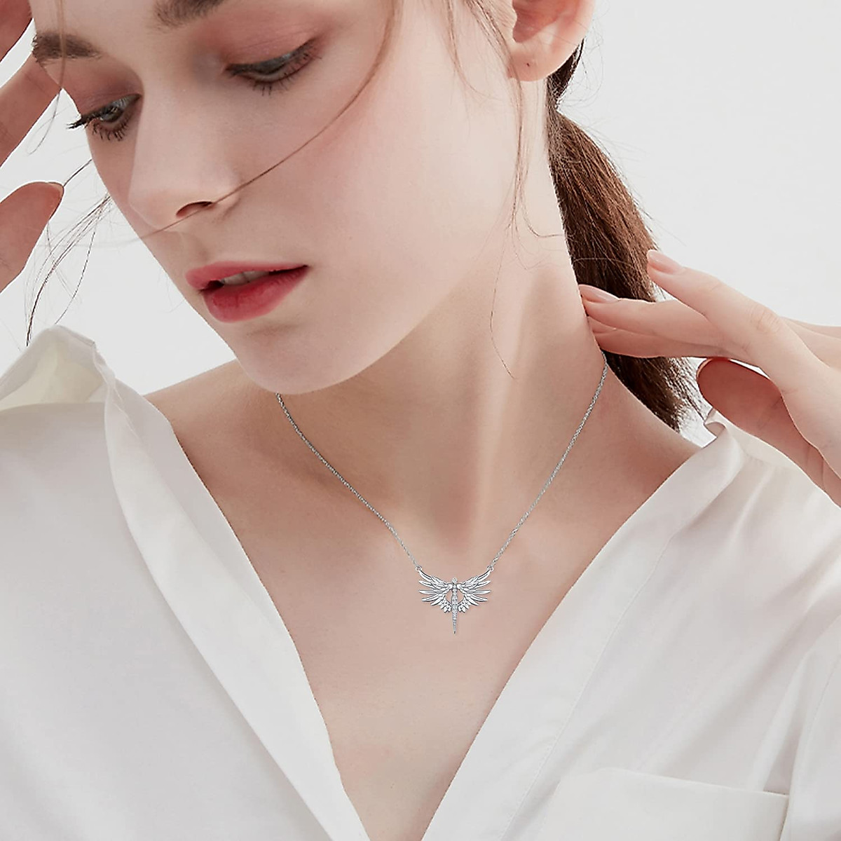 SVODEA Guardian Angel Pendant Necklace for Women 925 Sterling Silver Holy Sword Angel Wings Necklaces with 5A Cubic Zirconia Anniversary Birthday Jewelry Gift for Women