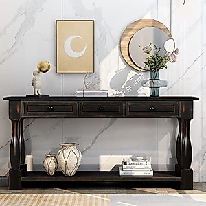 merax LUMISOL 64 inch Long Console Table with 3 Drawers and Bottom Shelf, Sofa Table Entryway Table for Hallway, Living Room, Easy Assembly (Distressed Black)