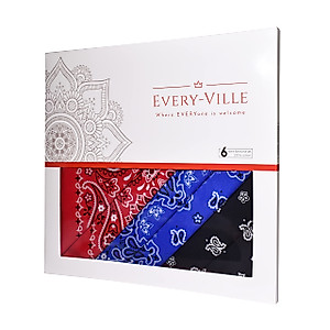 6 Pack Classic Cotton Bandanas in a Gift Box - 22x22in, Paisley, Red/Black/Blue - Western Cowboy Head Bandanna Scarf in Bulk