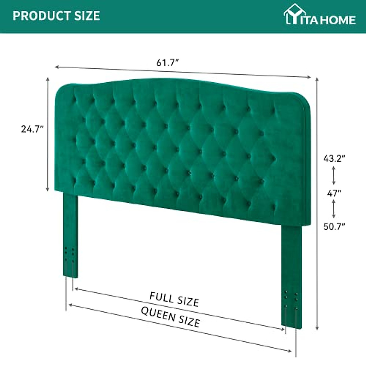 YITAHOME Upholstered Headboard, Velvet Tufted Upholstered Queen Headboard with Diamond Tufted, Full/Queen - Peacock Green