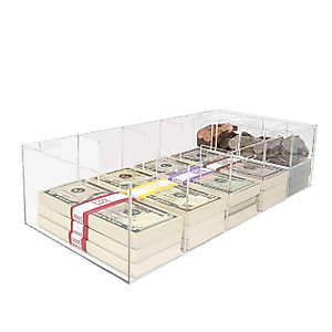 Acrylic Money Tray with Coin Tray Insert, 5 Compartment Clear Cash Organizer Currency Money Storage Box, 300 Money Wrappers Included