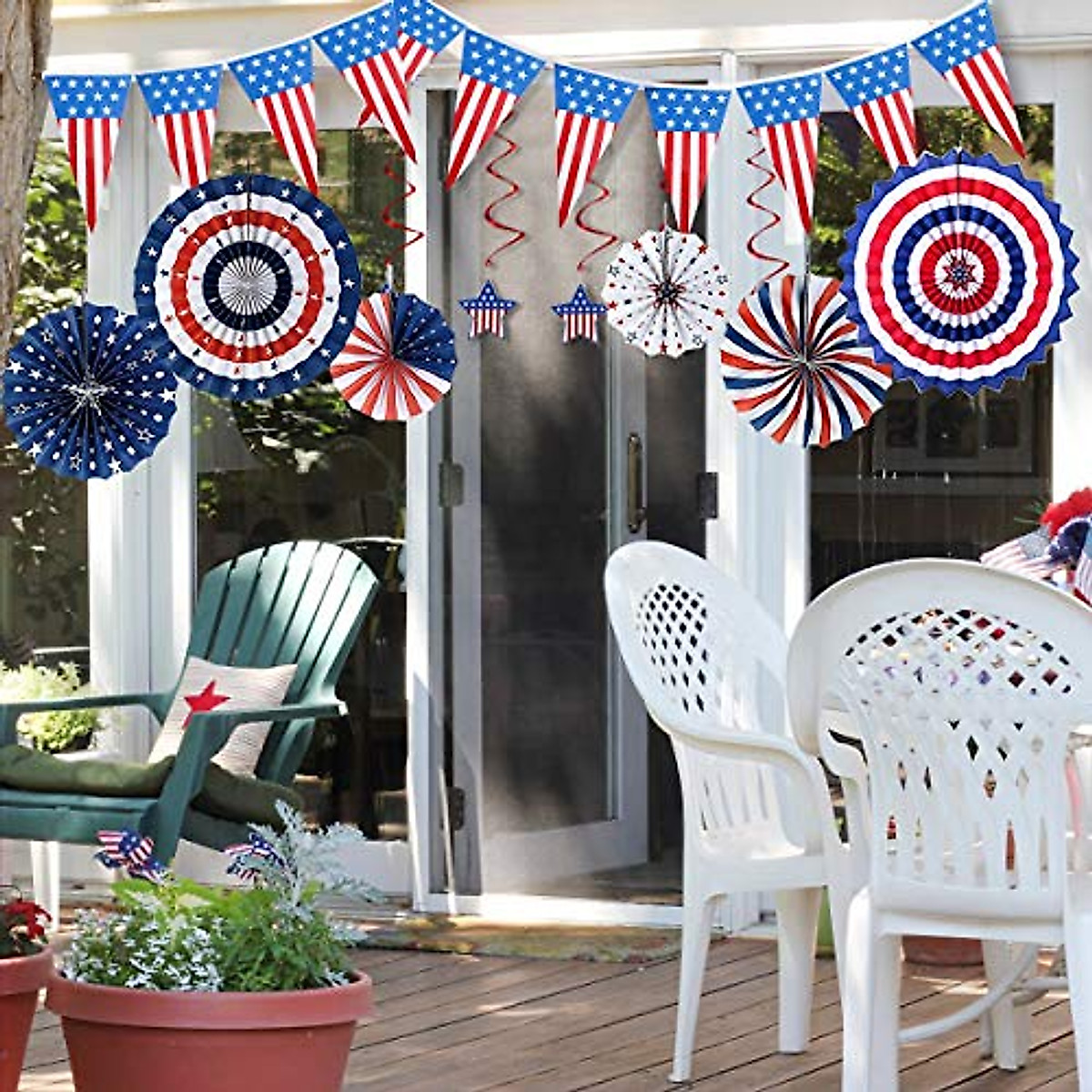 4th/Fourth of July Patriotic Ddecorations -Red White Blue Hanging Paper Fans for American Independence Day Party Decor Supplies(Set of 12)