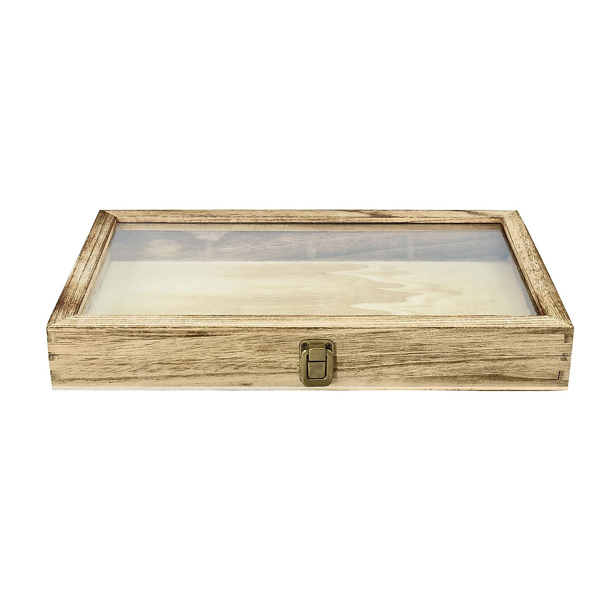 MOOCA Jewelry Display Case with Tempered Glass Lid and Metal Clasp, Home Organization Storage Box, Pocket Knife Display Case, Oak Color