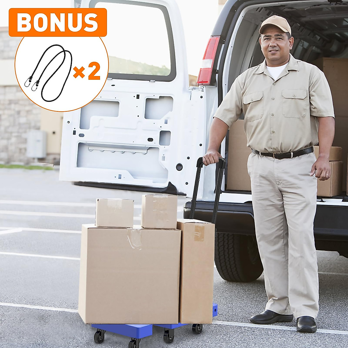 Ronlap Folding Hand Truck, Foldable Moving Dolly Cart with Wheels 500lbs Heavy Duty Luggage Cart Portable Hand Cart Collapsible Dolly with 6 Wheels & 2 Ropes for Airplane Travel House Moving, Blue