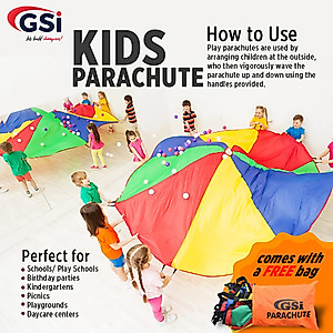 GSi Kids Play Parachute 24 Ft, 30Ft, 35Ft Toy with Handles and Carry Bag for Cooperative Play and for Upper-Body Strength | Multi-Colored