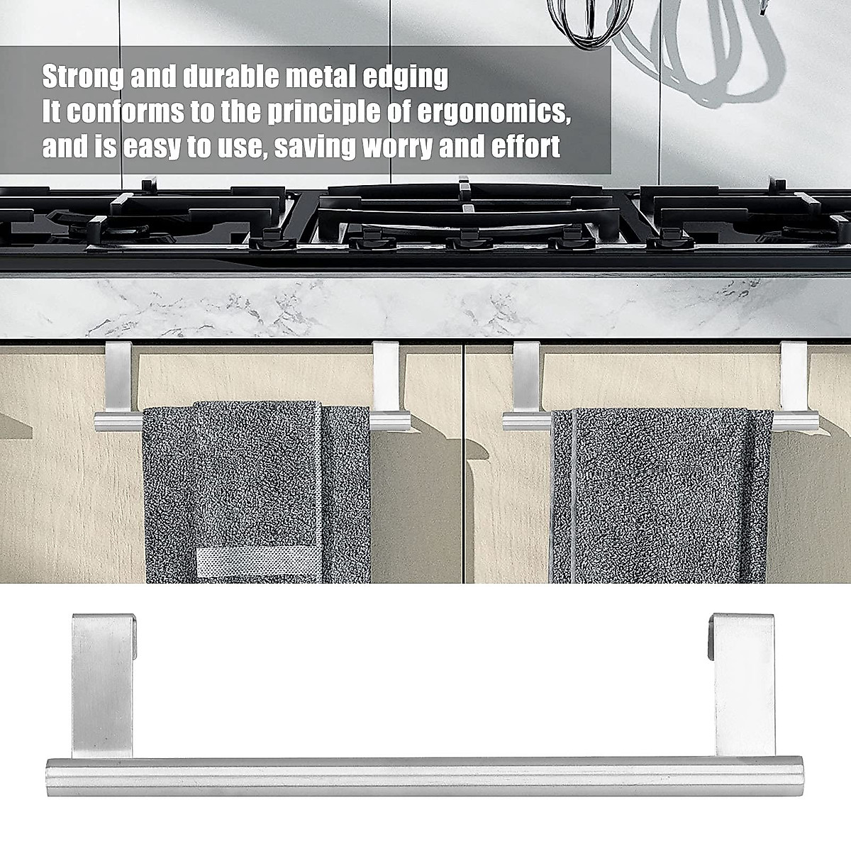 2Pcs Stainless Steel Over Door Towel Bar Storage Hanger Organizer for Cabinet or Cupboard, Over Kitchen Cabinet Door Towel Bar Holder for Hand, Dish, and Tea Towel Rack, Inside or Outside Doors(23cm)