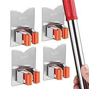 Broom and Mop Holder Wall Mounted, Stainless Steel Self Adhesive Single Broom Hanger Hook, No Drill Heavy Duty Organizer Rack for Kitchen Garage Closet Door Pantry Refrigerator, V-Shape Orange, 4 Pack