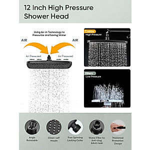 Cobbe 12'' High Pressure Rain Shower Head with Extension Arm - Dual Shower Heads with 8 Modes Handheld Spray Combo - Wide RainFall shower with Anti-Clog Nozzles, Adhesive Showerhead Holder, Black
