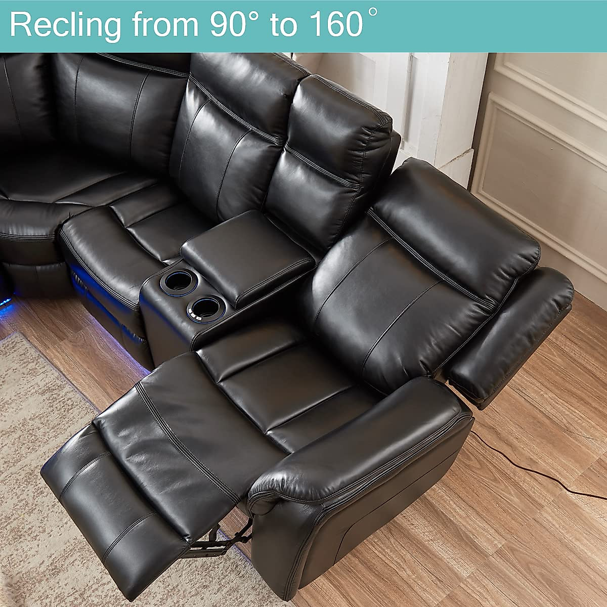 Comfort Stretch Sectional Recliner Sofa Set with LED Lights Power Reclining Couch Faux Leather Consoles Storage Boxes/USB Port/Cup Holders Living Room Furniture Home Theater Seating, Black