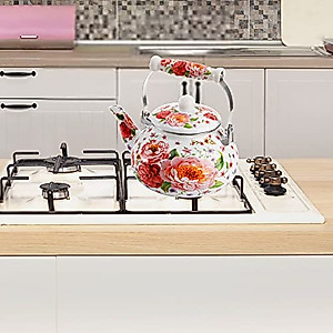 DEAYOU 2.6 Quart Enamel Tea Kettle Stovetop, Large Porcelain Enameled Teakettle, 2.5L Vintage Tea Pot with Ceramic Cool Handle, Colorful Floral Steel Teapot for Hot Water, Retro Decor, No Whistling