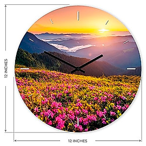 Soul Décor Pink Flower Field Wall Clock, Silent Non-Ticking, Battery Operated Kitchen Clock, Aluminum Composite Face, Suitable for Offices, Bedrooms, and Bathrooms 12 Inch Round