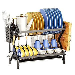 LIMORUNS Dishracks On Counter with Drainboard 2 Tier Set of Dish Drying Rack with Drainboard Utensils & Cutting Board Holder, Rustproof Large Black Dish Holders for Kitchen Counter