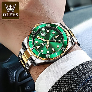 Gold And Green Watches,Stainless Steel Watch With Date,Waterproof Analog Quartz Fashion Green Men Watch,OLEVS Watch,Luxury Dress Men Watch,Luminous Wristwatch Men Reloj de hombre