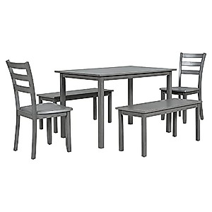NCKMYB 5 Piece Dining Set, Rectangular Dining Table with 2 Chairs and 2 Benches, Rustic Wooden Dining Set for Kitchen Dining Room Restaurant (Grey)