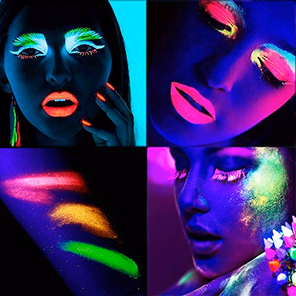 Kalolary Glow in the Dark Makeup, Neon Eyeshadow Glow Palette UV Glow Blacklight Matte and Glitter, 24 Colors Highly Pigmented Eyeshadow Kit with 4 Brushes for Valentine's Day Face Body Makeup