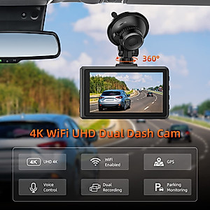 Dash Cam Front and Rear, 4K/2K Full HD Dash Camera for Cars, Built-in WiFi GPS, Free 64GB SD Card, 170° Wide Angle Dashboard Camera Recorder, Night Vision, Voice Notification,WDR, 24H Parking Mode