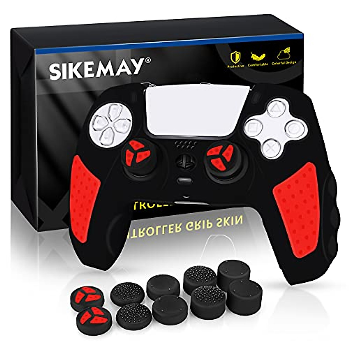 SIKEMAY PS5 Controller Cover Skin, Anti-Slip Thicken Silicone Protective Cover Case Perfectly Compatible with Playstation 5 Dualsense Controller Grip with 10 x Thumb Grip Caps (Black-Red)