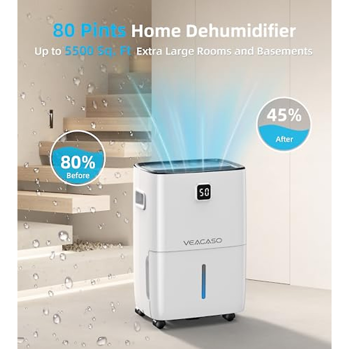 5500 Sq. Ft Dehumidifier for Basement with Drain Hose, VEAGASO 80 Pints Dehumidifiers for Home Large Room Bathroom with Water Tank, Intelligent Humidity Control, Auto Defrost, 24H Timer, Child Lock
