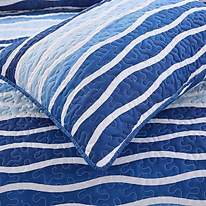 SLPR Blue Wave 2-Piece Quilt Set - Twin Size with 1 Sham, Coastal Beach House Bedding with Nautical Wave Design for Kids, Summer Ocean Waves Quilted Bedspread in Beachy Theme