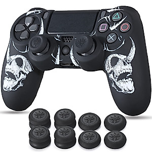 YoRHa Laser Carving Silicone Skin for PS4 Controller x 1(Skulls White) with Exclusive Thumb Grips x 8